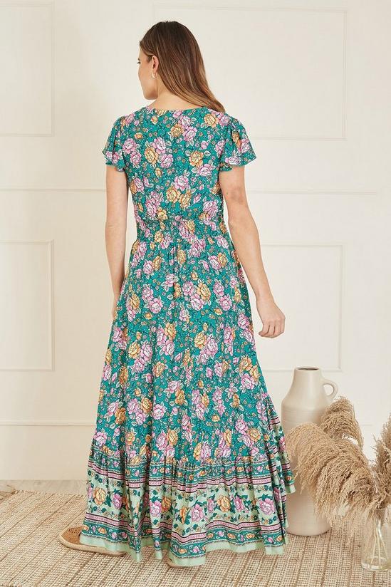 Dresses Green Festival Floral Print Ruched Waist Maxi Dress Yumi